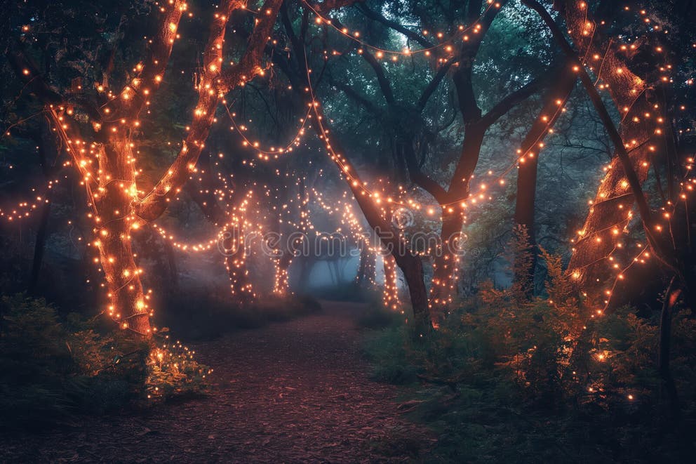 Pathway Lit by String Lights Winding through a Magical Forest Stock ...