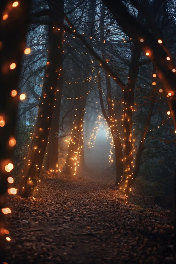 Pathway Lit by String Lights Winding through a Misty Forest at Twilight ...