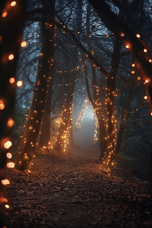 Pathway Lit by String Lights Winding through a Misty Forest at Twilight ...