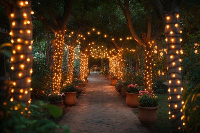 Pathway Lit by String Lights Wrapped Around Trees at Dusk Stock ...
