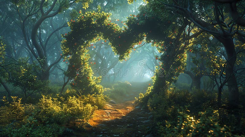 Pathway through a Lush Green Forest with a Heart Shaped Opening Stock ...