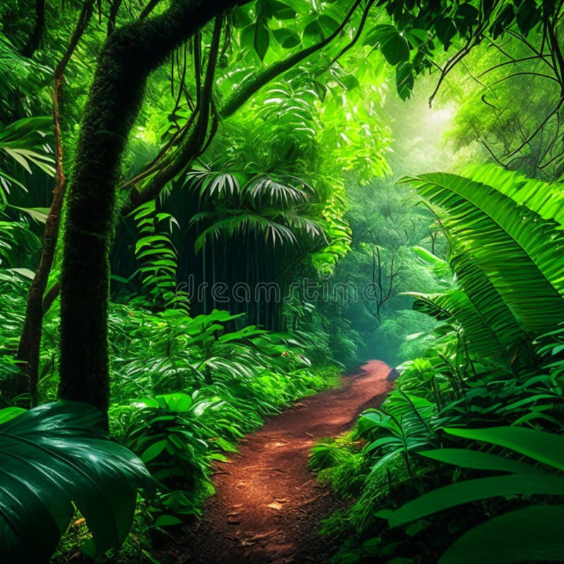 Pathway through Lush Green Tropical Forest. Panoramic View of Path in ...