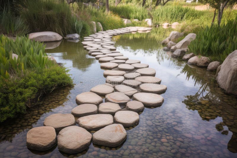 Pathway Made of Interlocking Stones, Leading To a Serene Pond Stock ...