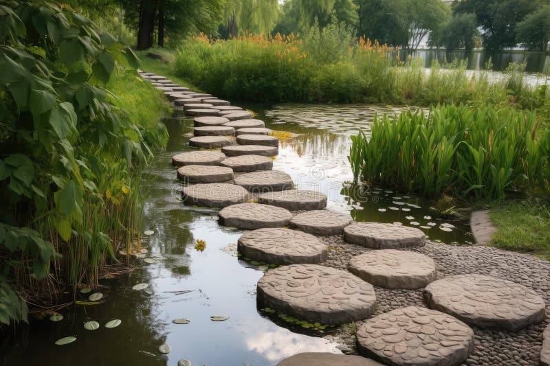 Pathway Made of Interlocking Stones, Leading To a Serene Pond Stock ...