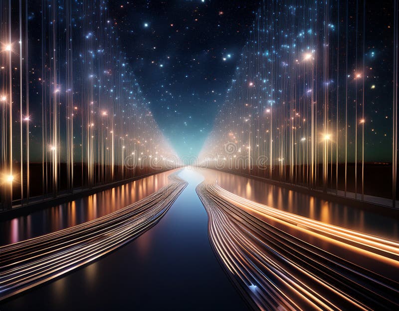 A Pathway Made of Light Beams Winding through Space with Stars ...