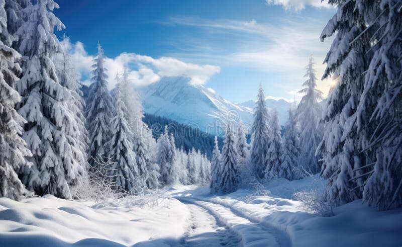 Pathway Meanders through a Serene Snow-laden Forest, with Sunlight ...