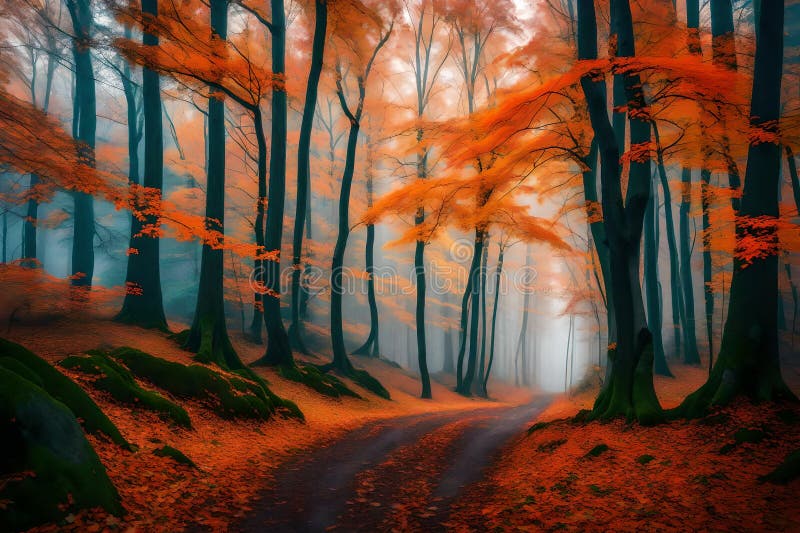 Pathway in Misty Autumn Forest Stock Illustration - Illustration of ...