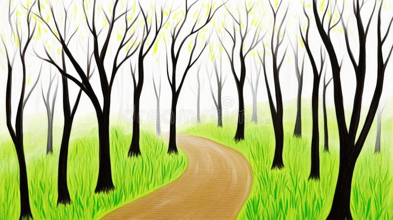 Pathway through Misty Forest with Bare Trees and Lush Green Grass in ...