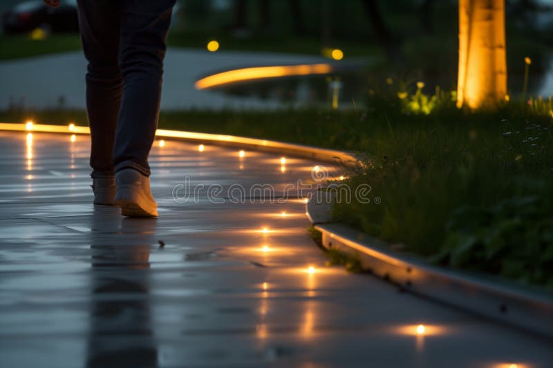 Pathway with Motion Sensor Lights Activating As a Person Walks Stock ...