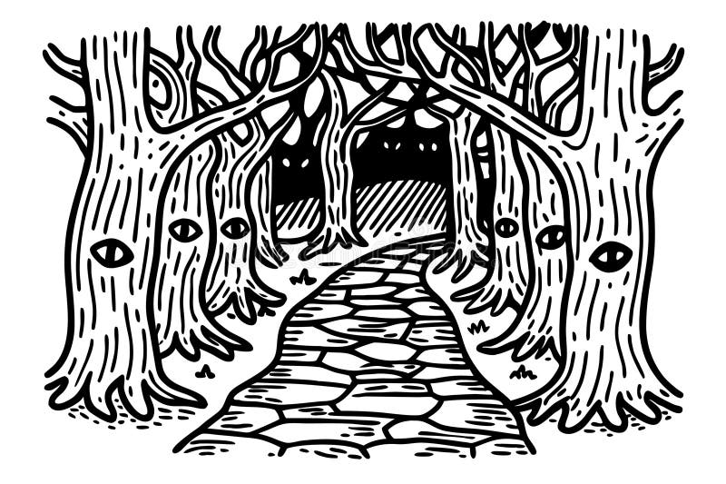 Pathway through Mystical Forest with Eye Adorned Trees, Mysterious ...
