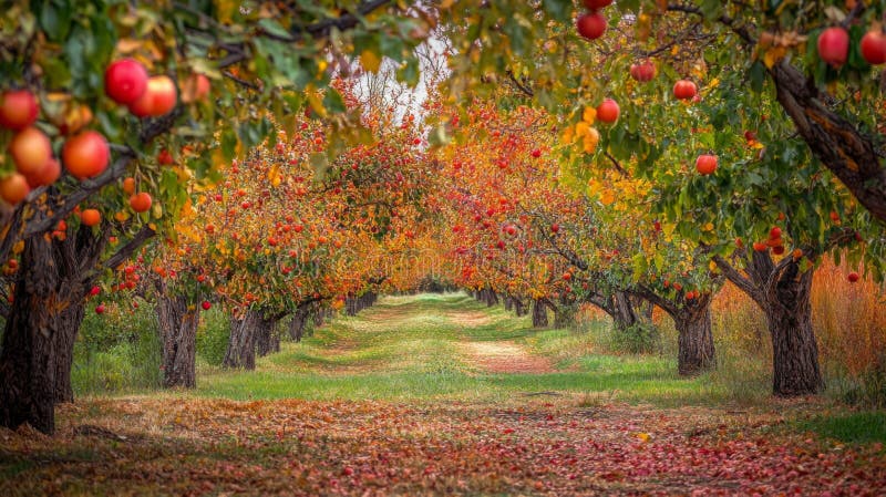A Pathway through an Orchard in Autumn Stock Illustration ...
