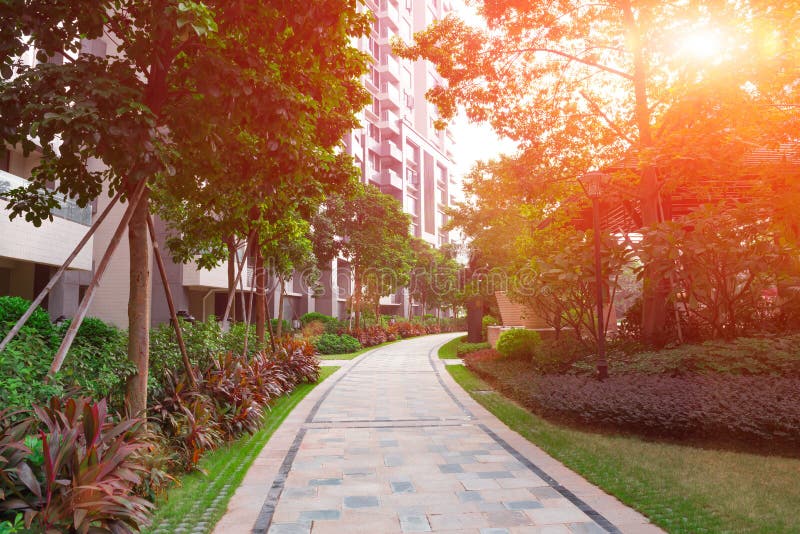 Pathway in Outdoor of a Residential Building with the Sun Rising Stock ...