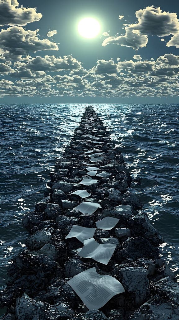 Pathway of Pages on a Shimmering Ocean Stock Illustration ...