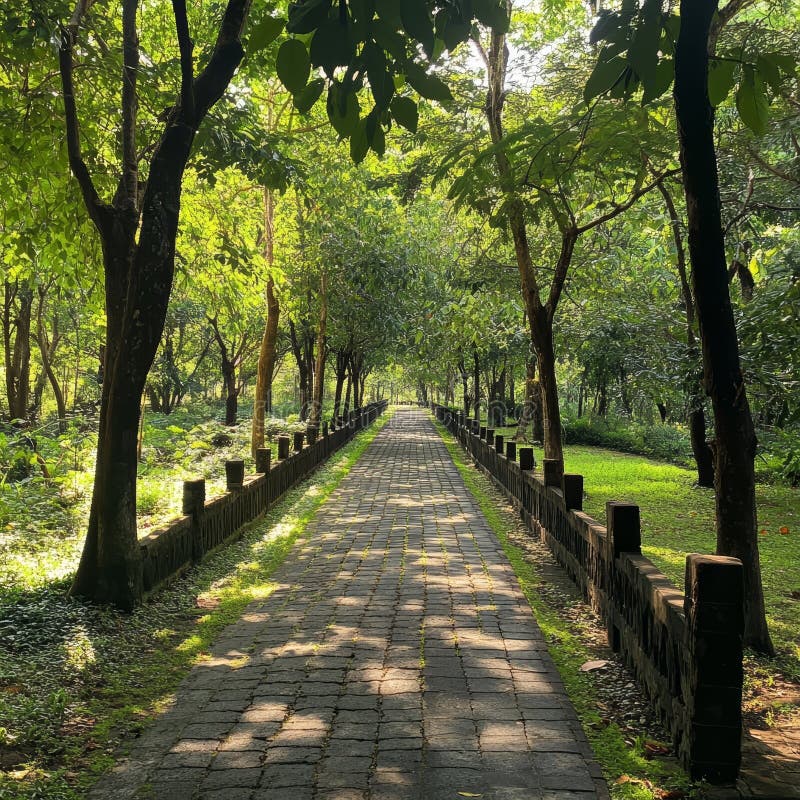 Pathway in the Park with Green Trees and Sun Flare Effect. Stock ...