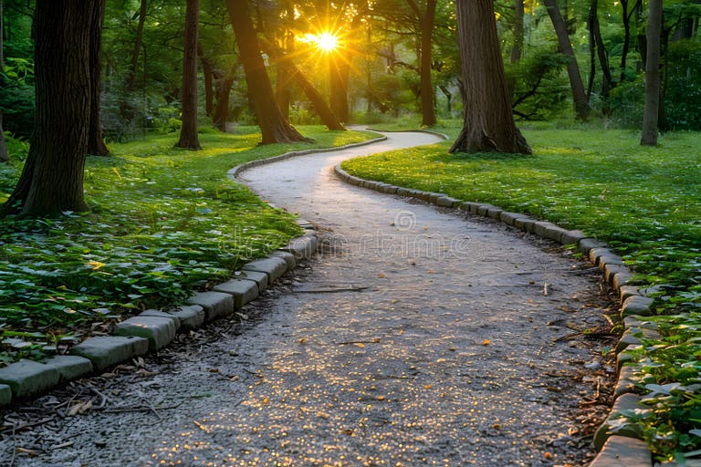 Pathway in the Park at Sunset. the Path is Illuminated by the Sun Stock ...