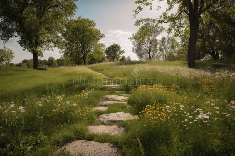 Pathway through Peaceful Meadow, with Stepping Stones and Blooming ...