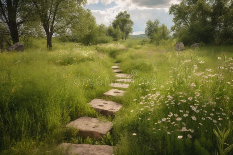 Pathway through Peaceful Meadow, with Stepping Stones and Blooming ...