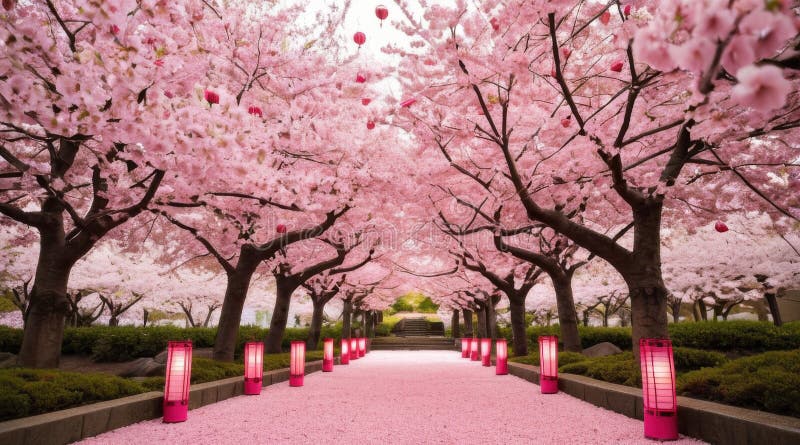 Pathway of Pink Cherry Blossoms in Soft Light Stock Illustration ...