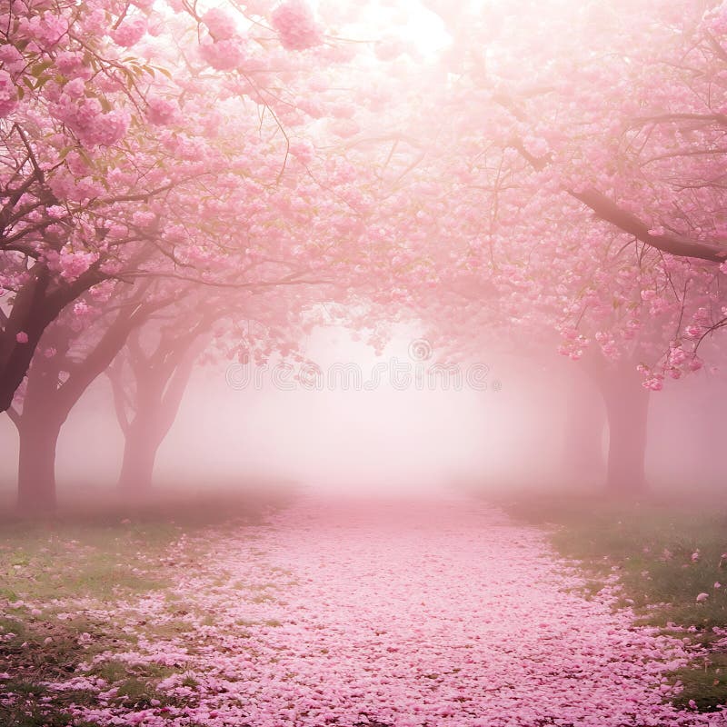 Pathway through a Pink Sakura Forest in the Mist Stock Illustration ...