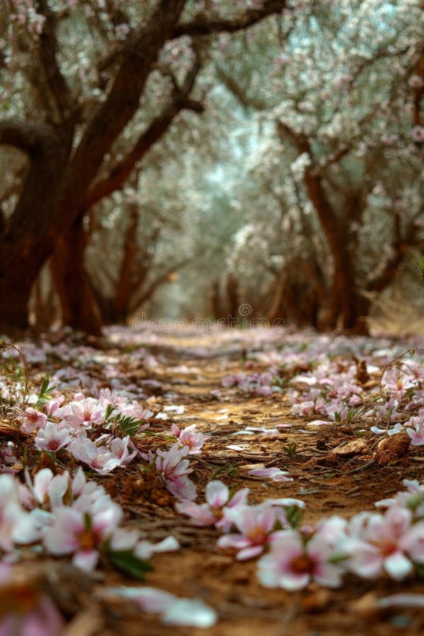 Pathway through a Pink and White Almond Blossom Orchard Stock ...
