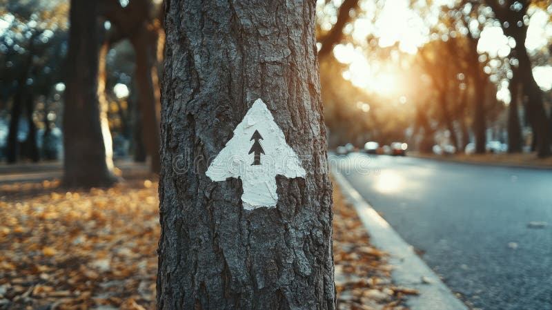 Pathway Pointer: Following the Painted Arrow on Tree in Autumn, Roadway ...