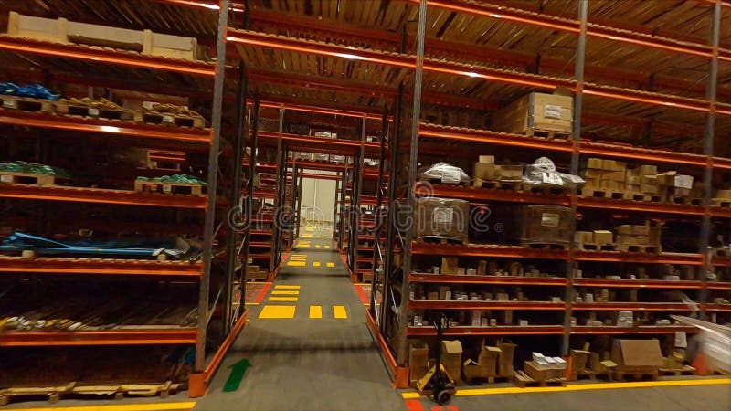 Pathway between Racks with Cardboard Boxes in Storehouse Stock Video ...