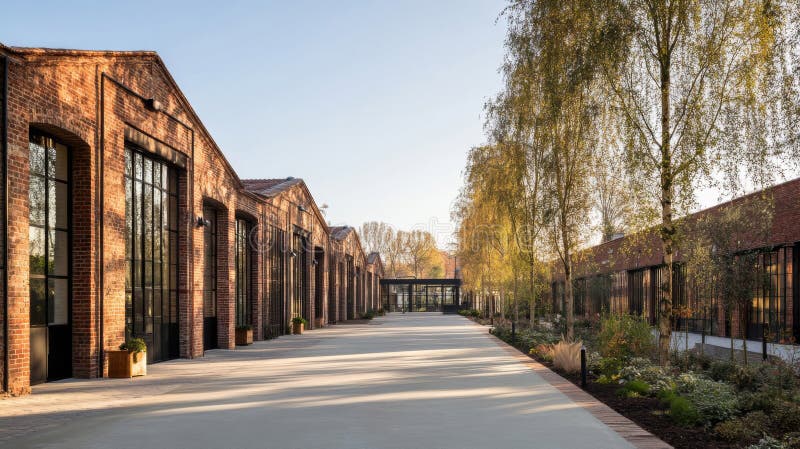 Pathway through Red Brick Industrial Buildings on Sunny Autumn Day ...