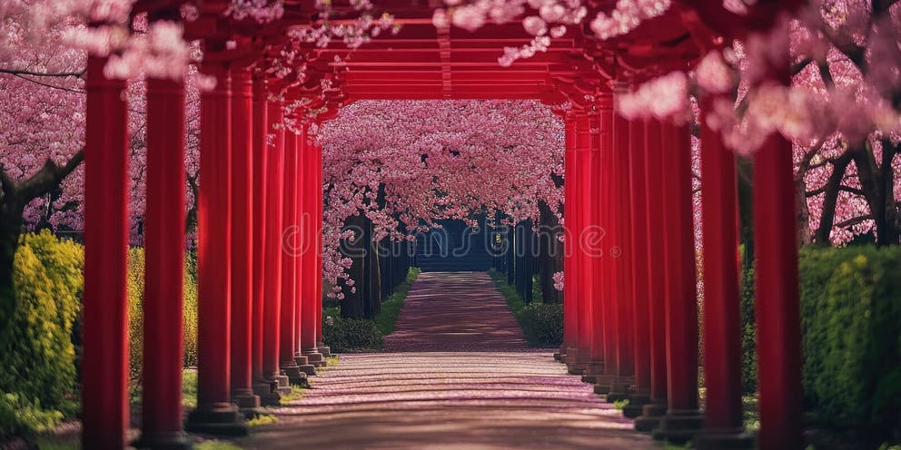 Pathway with Red Pillars and Trees Stock Photo - Image of medieval ...