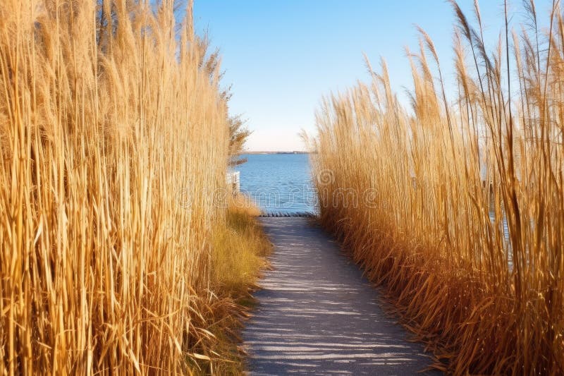 Pathway through Reeds by a Lake Stock Illustration - Illustration of ...