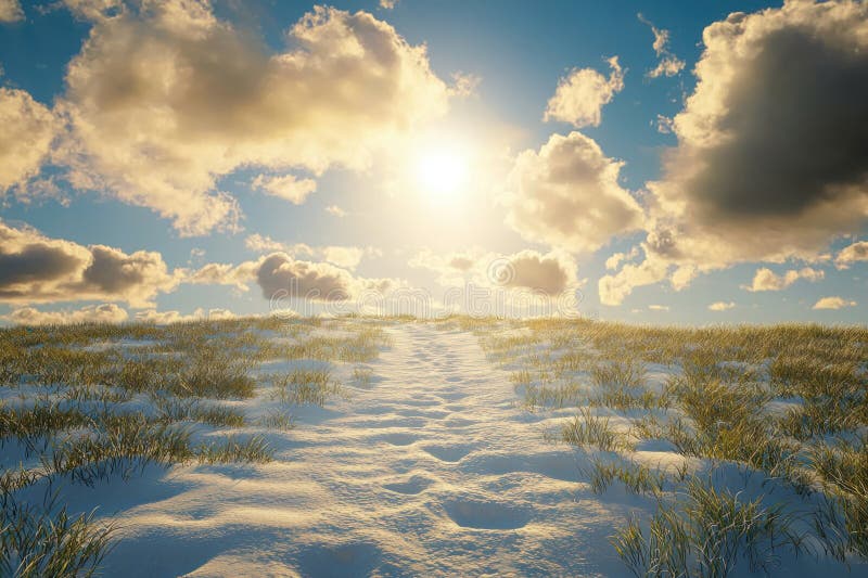 Pathway through Snow and Grass Under Bright Sky, Symbolizing Hope and ...