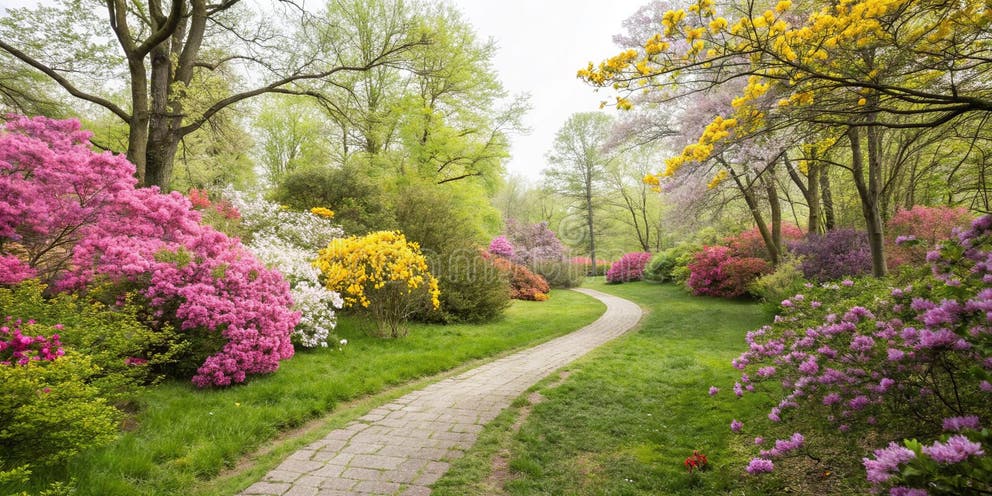 Pathway in Spring Park. Path in Spring Park Surrounded by Multicolor ...