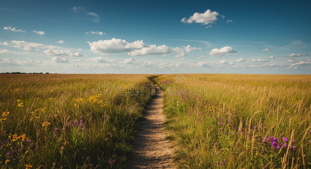 Pathway through a Summer Wildflower Meadow Under a Blue Sky Stock ...