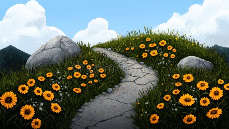 Pathway through Sunny Flower Field Stock Illustration - Illustration of ...