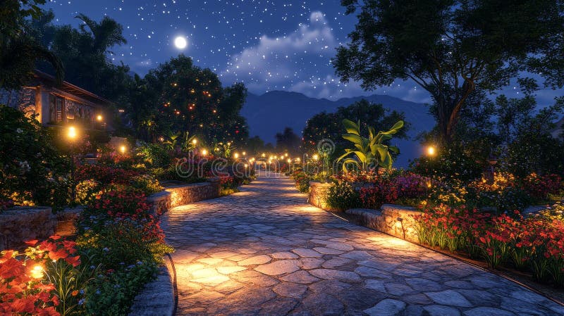 Pathway Surrounded by Flowers and Lights Under a Starry Sky at Night in ...