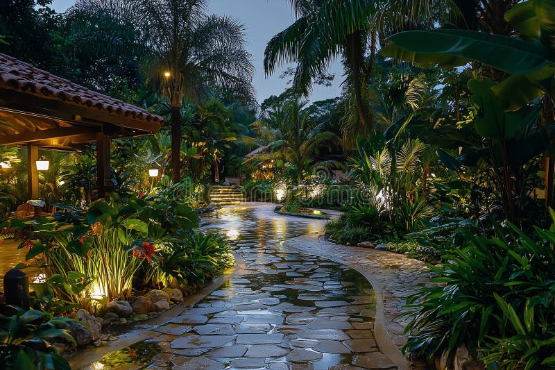 Pathway Surrounded by Greenery in Tropical Garden, Illuminated by ...