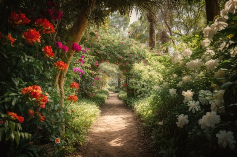 Pathway Surrounded by Lush Greenery and Blossoming Flowers Stock ...