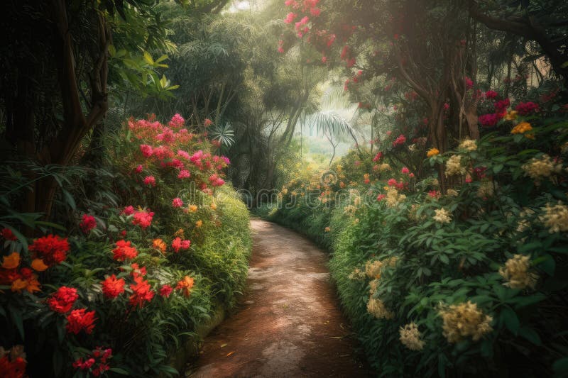 Pathway Surrounded by Lush Greenery and Blossoming Flowers Stock ...