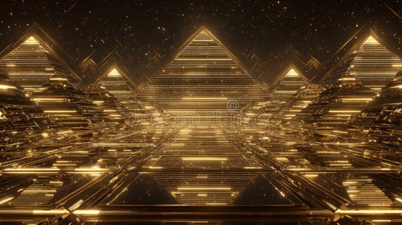 Pathway of Symmetrical Golden Pyramids with Mirrored Surfaces Stock ...