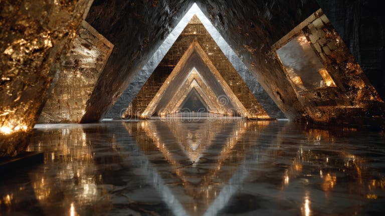 Pathway of Symmetrical Golden Pyramids with Mirrored Surfaces Stock ...