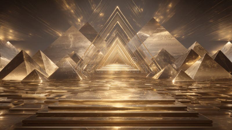 Pathway of Symmetrical Golden Pyramids with Mirrored Surfaces Stock ...