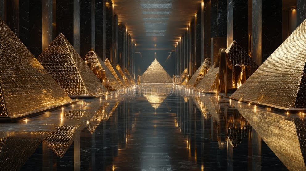 Pathway of Symmetrical Golden Pyramids with Mirrored Surfaces Stock ...