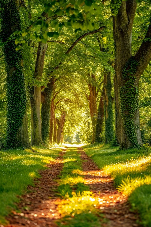 Pathway between Trees is Bathed in Sunlight Creating Beautiful Scene ...