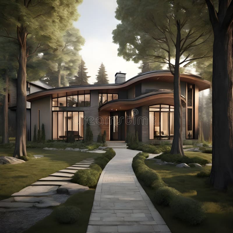 Pathway between Trees Towards House Stock Illustration - Illustration ...