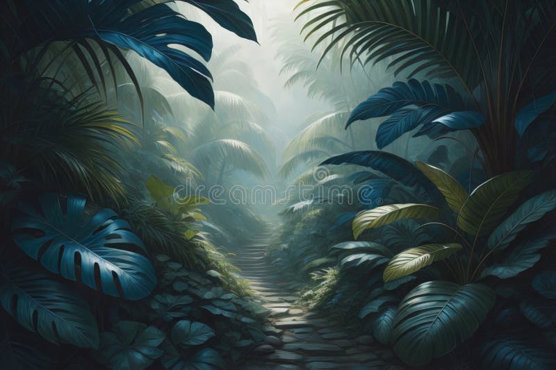 A Pathway in Tropical Rainforest with Palm Trees and Path in the Mist ...