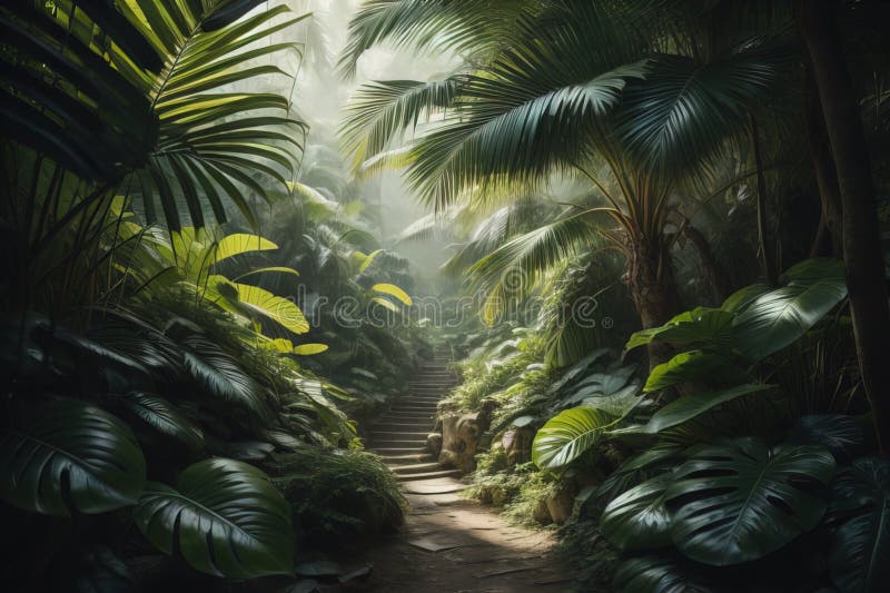 A Pathway in Tropical Rainforest with Palm Trees and Path in the Mist ...