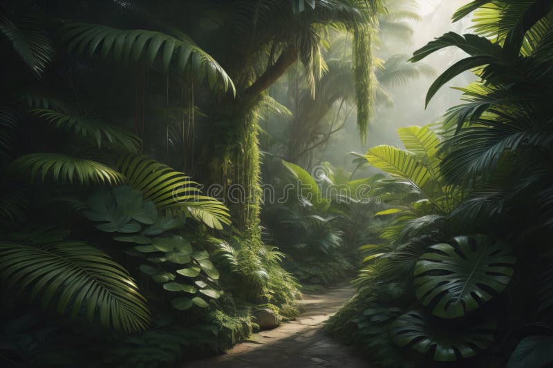 A Pathway in Tropical Rainforest with Palm Trees and Path in the Mist ...