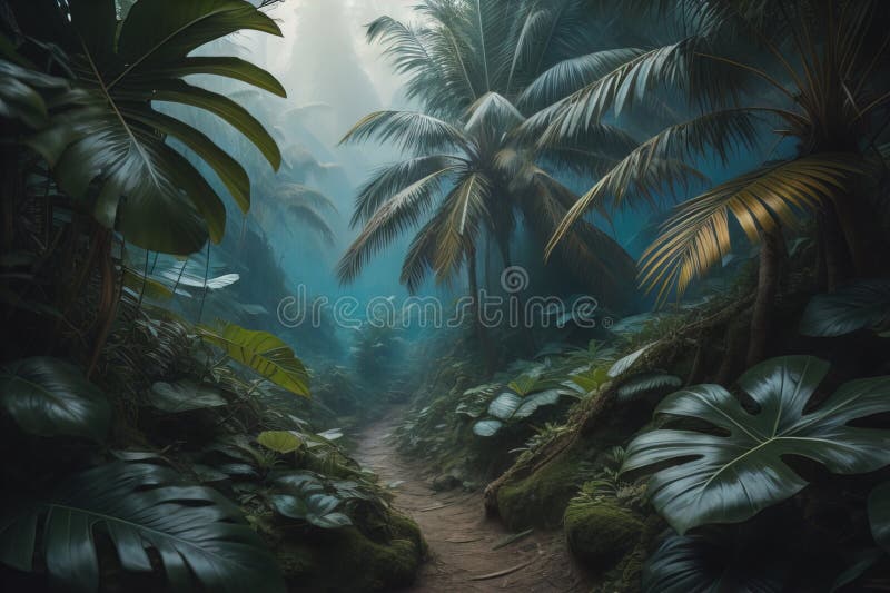 A Pathway in Tropical Rainforest with Palm Trees and Path in the Mist ...