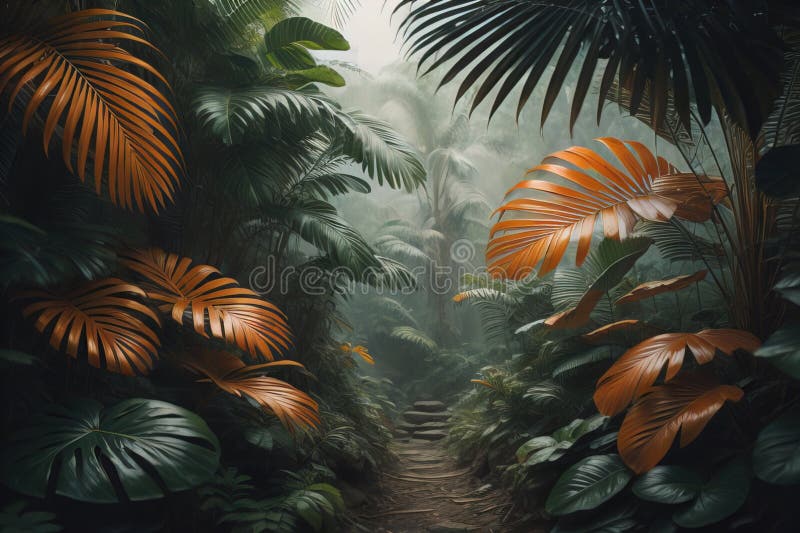A Pathway in Tropical Rainforest with Palm Trees and Path in the Mist ...