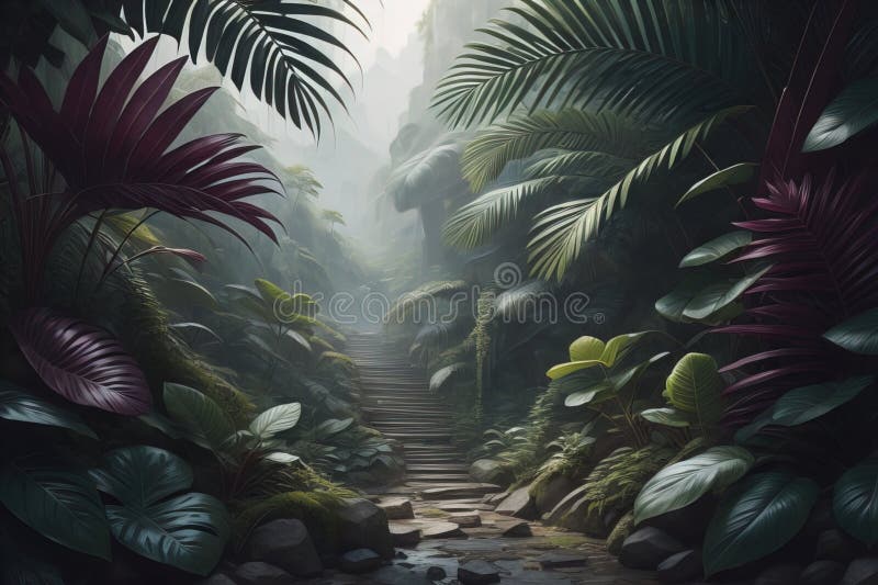 A Pathway in Tropical Rainforest with Palm Trees and Path in the Mist ...