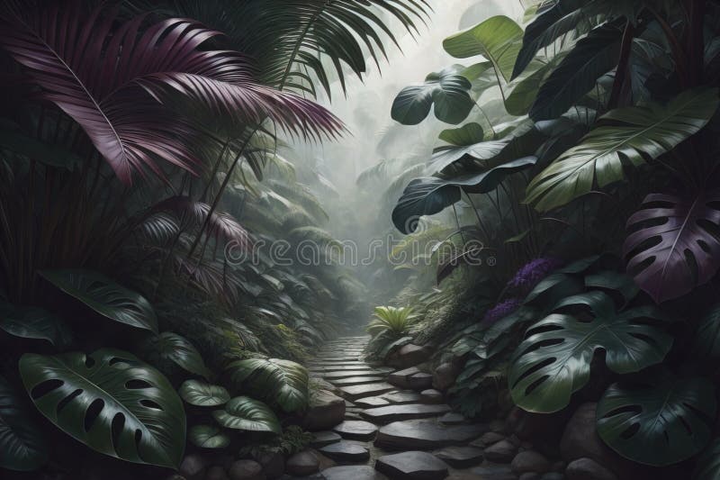 A Pathway in Tropical Rainforest with Palm Trees and Path in the Mist ...